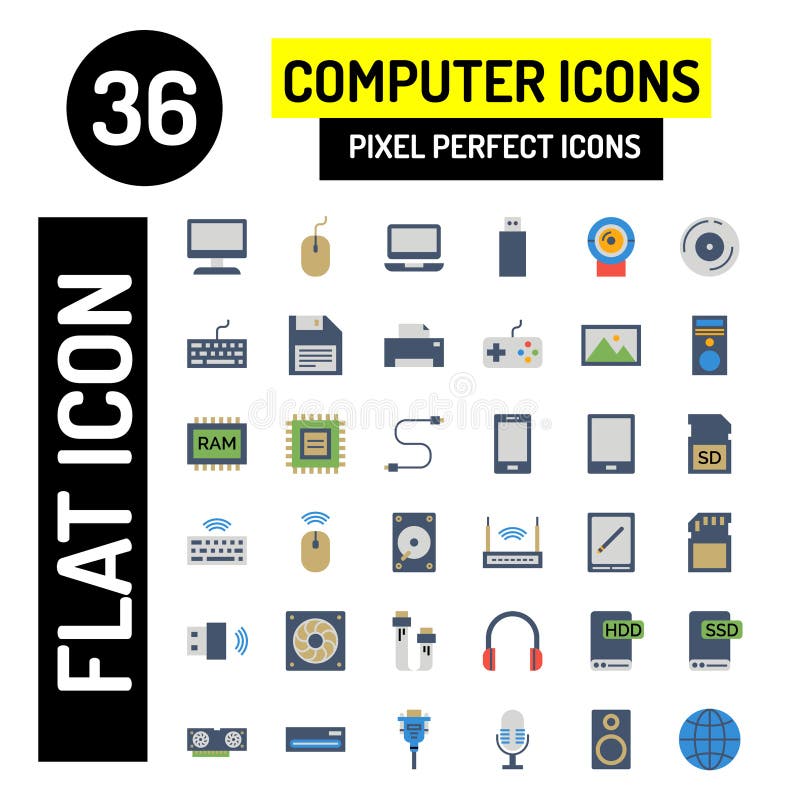 36 Flat Icon Set Computer Components Symbol Vector Sign Isolated ...