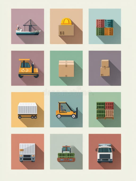 Flat Icon Set Features Construction Logistics and Packaging Elements ...