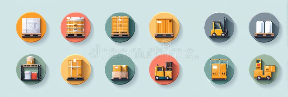 Flat Icon Set Showcasing Various Construction Logistics and Packaging ...