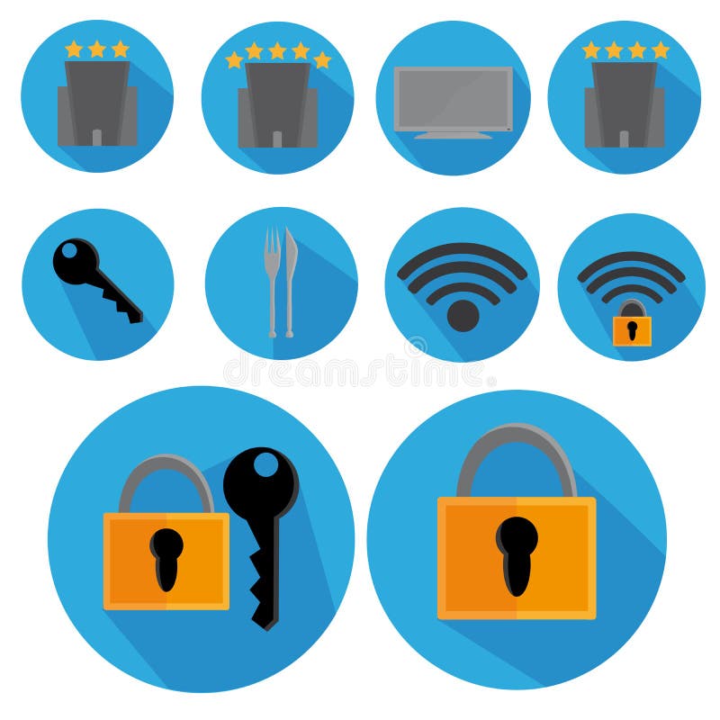 Flat Icon Set Television Screen, Lock, Wireless with Long Shadow for ...