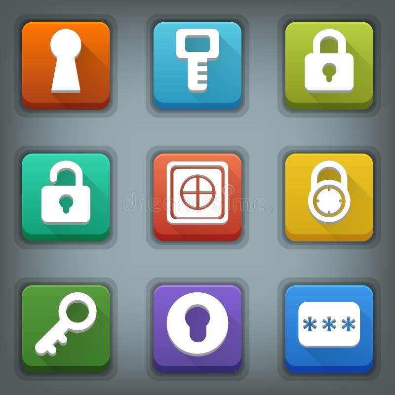 Flat Icon Set. White Symbols. Lock. Key Stock Illustration ...