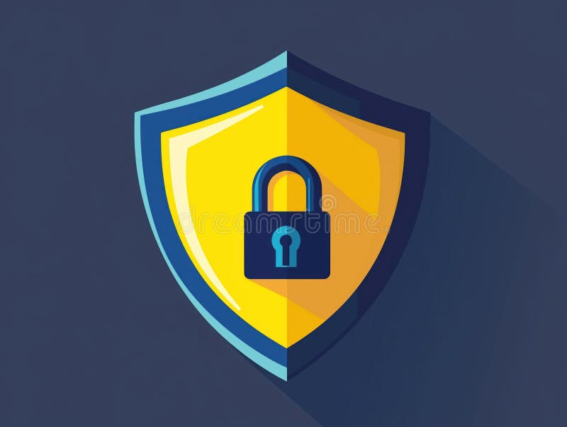 Flat Icon Shows Yellow Shield with Dark Blue Lock. Cybersecurity ...