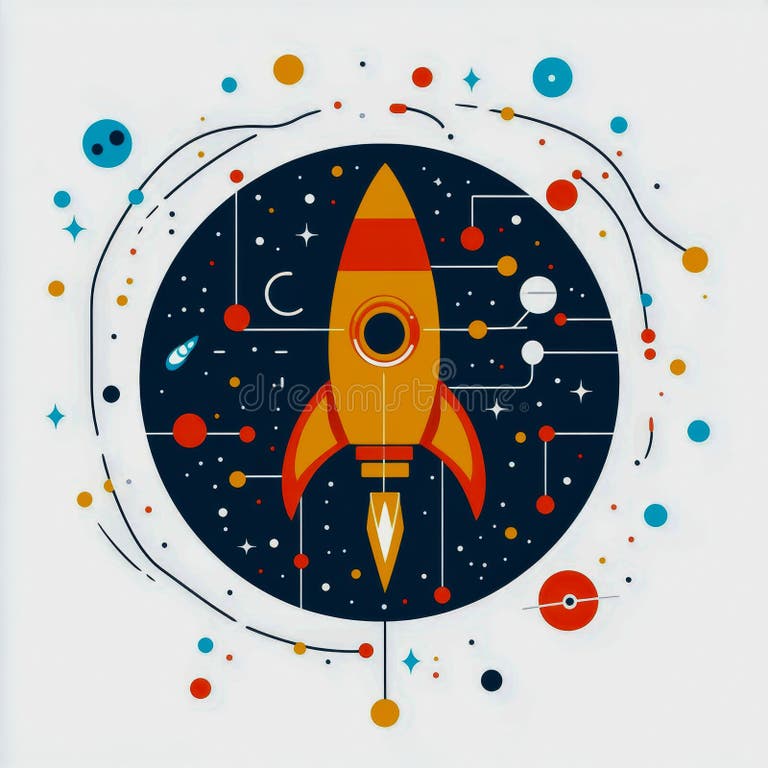 Flat Icon Tech Universe Rocket with Planets and Stars Background for ...