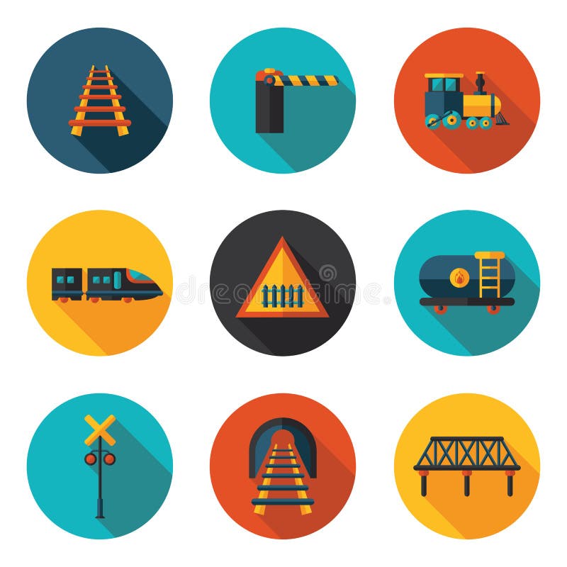 Set Icons Of Railroad And Train Stock Vector - Illustration of ...