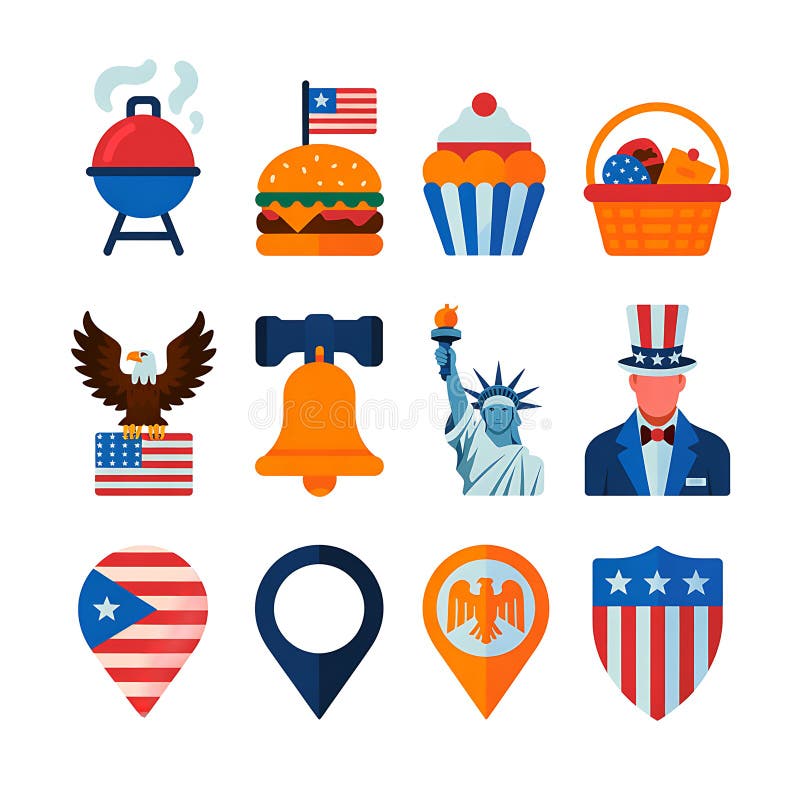 Flat Icons Representing American Symbols for Fourth of July Stock ...