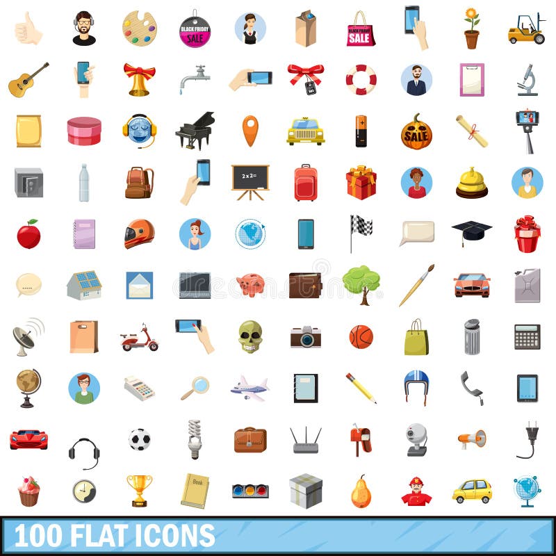 100 Flat Icons Set, Cartoon Style Stock Vector - Illustration of flat ...