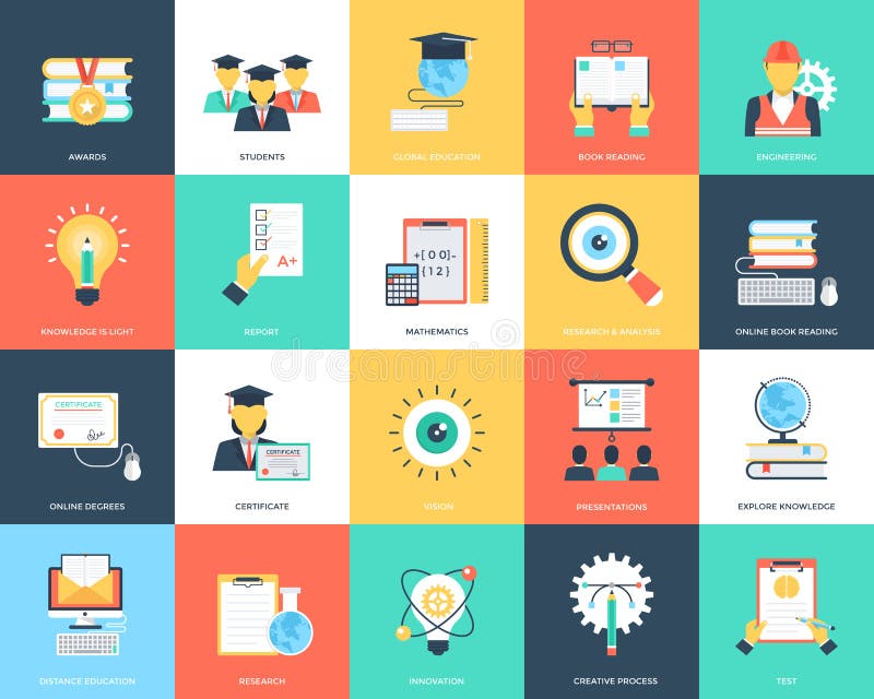 Flat Icons Set of Education Stock Illustration - Illustration of ...