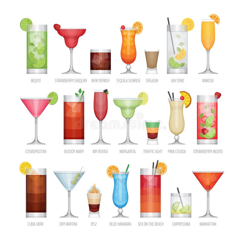 Flat Icons Set of Popular Alcohol Cocktail. Flat Design Style, Stock ...