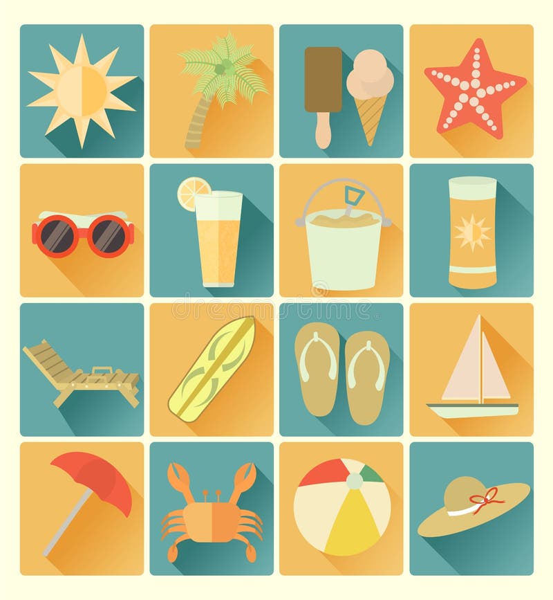 Summer Icon Set 2. Flat Design Trend. Retro Color. Vector Illustration ...