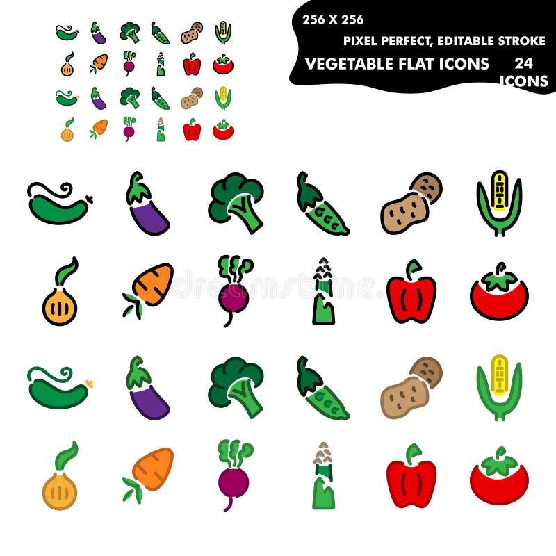 Flat Icons of Vegetables with Outline from Lines in Different Colors ...