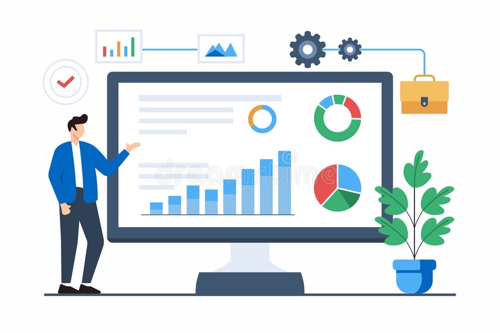 Flat Illustration of Analyst Reviewing Performance Metrics on Real-time Project Dashboard for ...