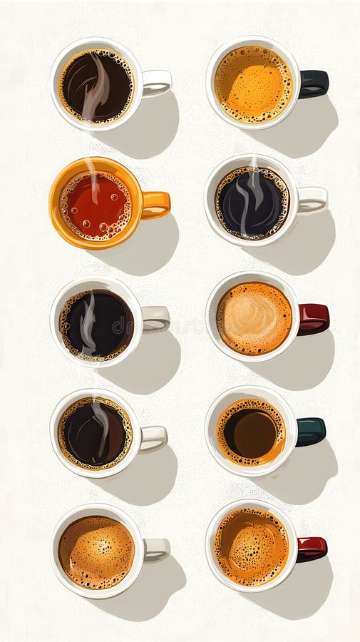 Flat Illustration of Assorted Coffee Cups Arranged in a Grid Pattern on ...