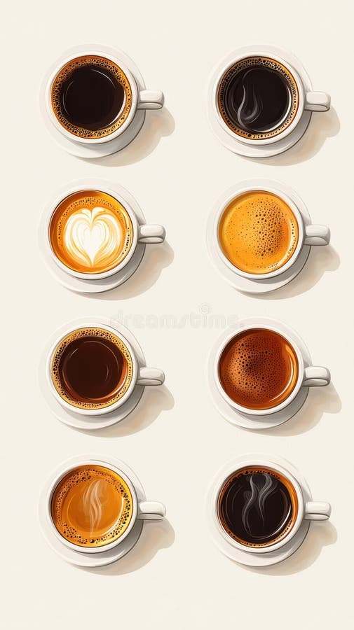 Flat Illustration of Assorted Coffee Cups Arranged in a Grid Pattern on ...