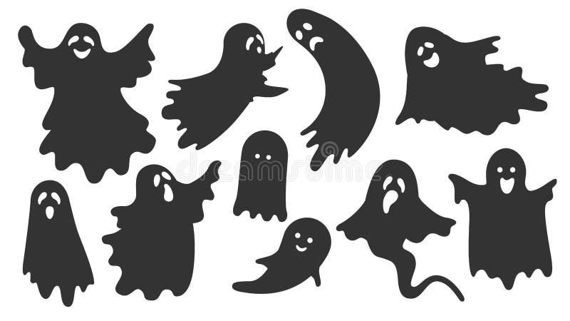 Flat Illustration with Black Ghosts on White Background for Decoration ...