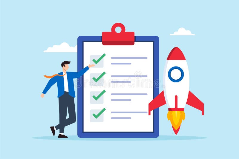 Flat Illustration of Brand Strategist Present Rocket and Checklist Launch Startup Start Project ...