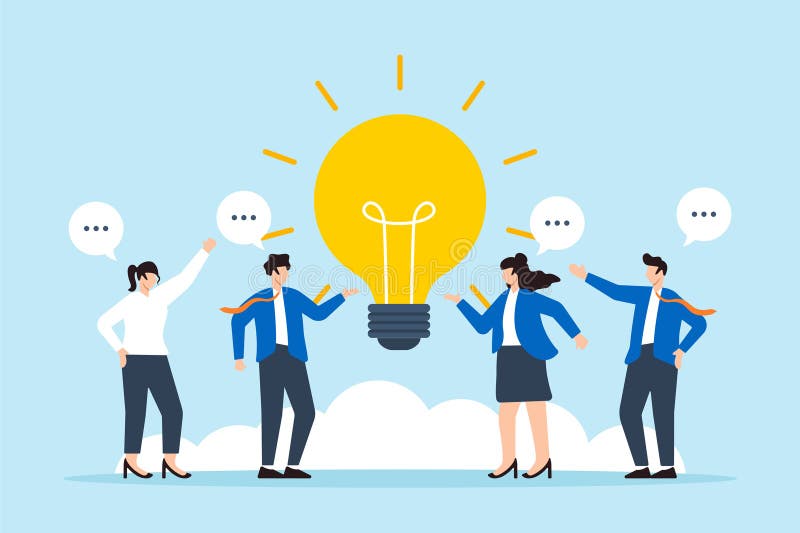 Flat Illustration of Business People Discuss Ideas with Lightbulb ...