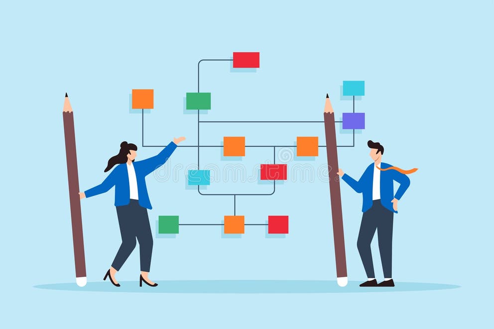 Flat Illustration of Business People Draw Workflow Diagram Designing ...