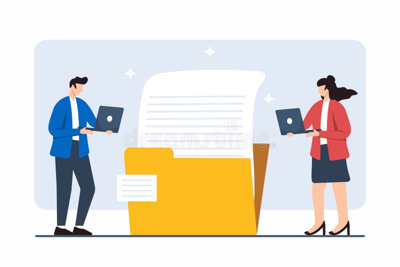 Flat Illustration of Business People Working with Paper Document File ...