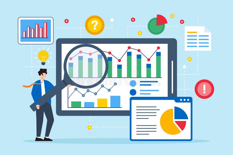 Flat Illustration of Businessman Analyzing Data with Magnifying Glass ...