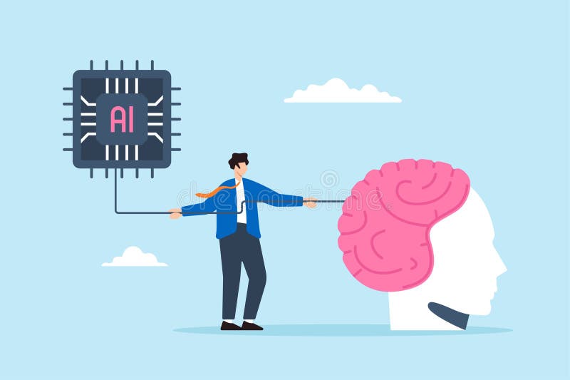 Flat Illustration of Businessman Connecting Human Brain with AI Chip ...