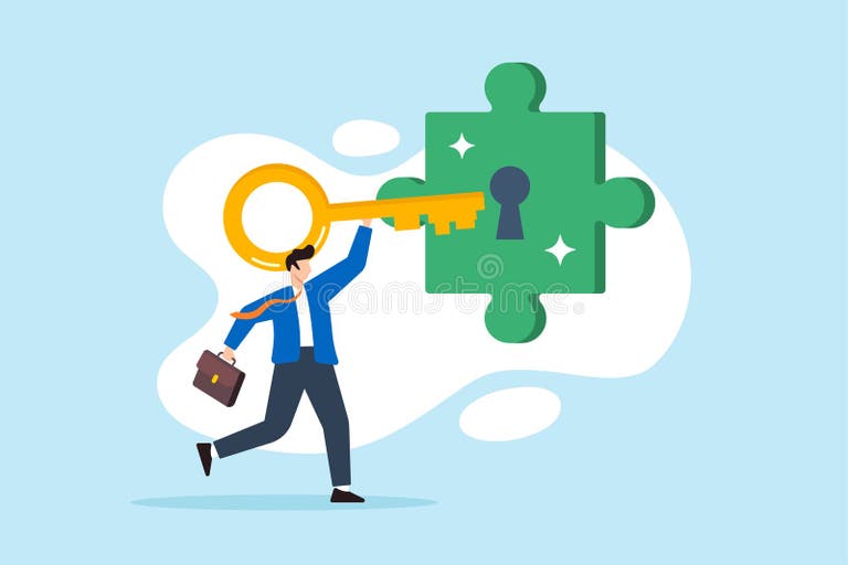 Flat Illustration of Businessman Inserting Key into Jigsaw Puzzle ...