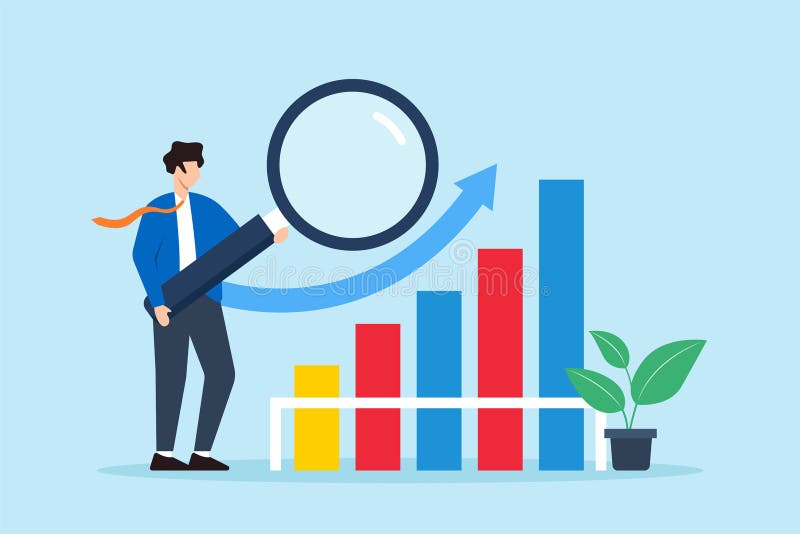 Flat Illustration of Businessman Magnifies Benchmark Metric Graph ...