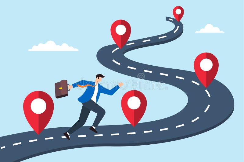 Flat Illustration of Businessman Run on Business Roadmap Marked with ... Flat Illustration of Businessman Run on Business Roadmap Marked with ...