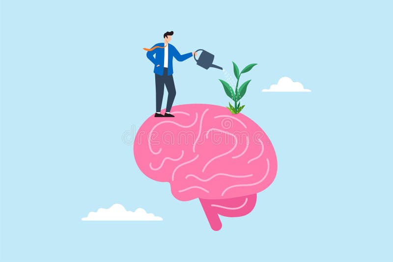 Flat Illustration of Businessman Watering Growth Seedling on Big Brain ...