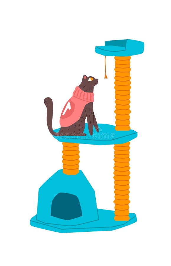 Flat Illustration with Cat, House, Scratching Post Stock Vector ...