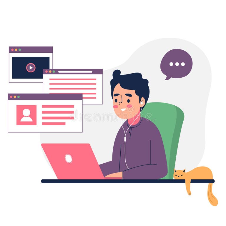 Flat Illustration of Character Working on Computer at Home Stock Vector ...