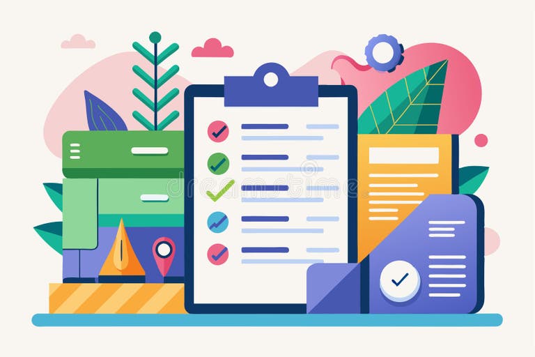 A Flat Illustration of a Checklist with Checkmarks, Green Leaves, and a ...