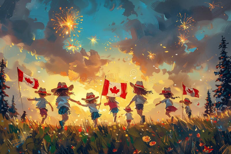 Flat Illustration of Children Happily Running with Canadian Flags in ...