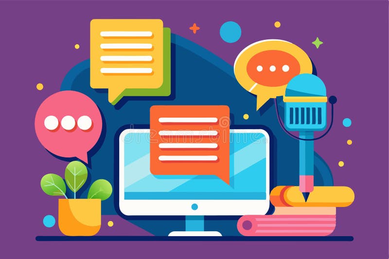 A Flat Illustration with a Computer, Microphone, and Speech Bubbles ...