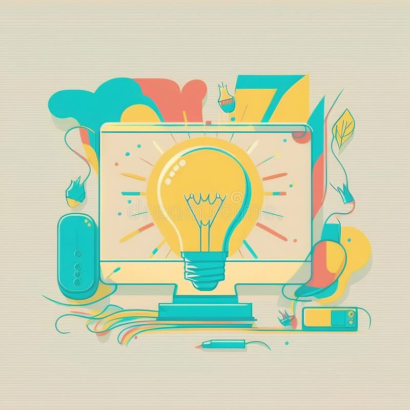 Flat Illustration. a Computer and a Shining Lightbulb As the Main ...