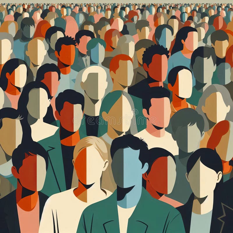 Flat Illustration of a Crowd with Stylized Features, Indistinct Faces ...