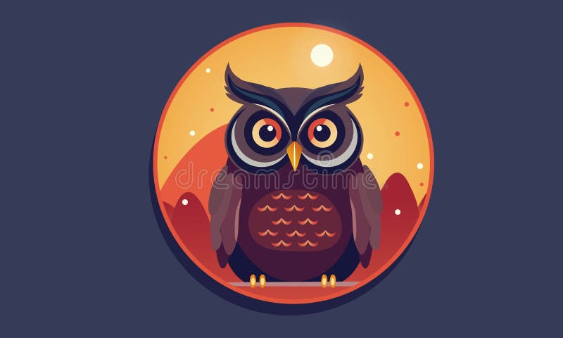 Flat Illustration of Cute Owl Character in Sunset Round Frame on Purple ...