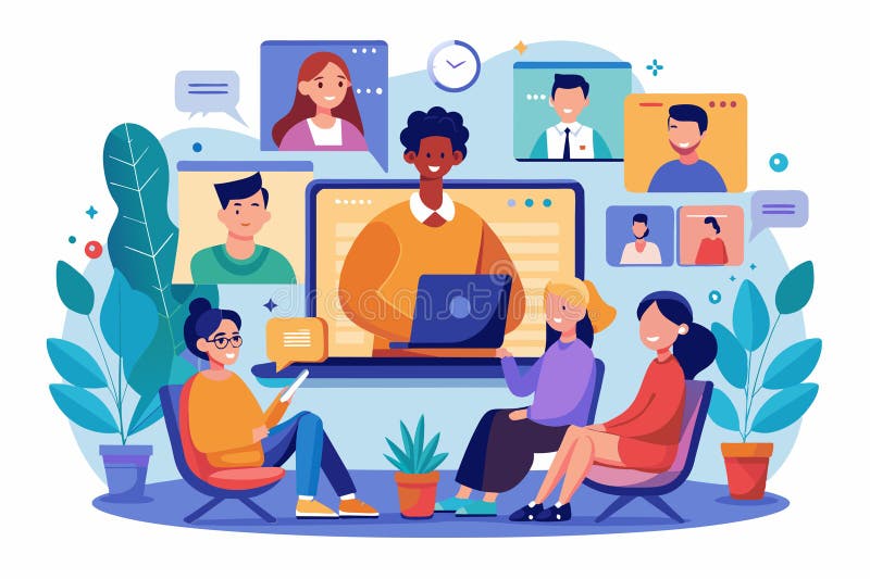 Flat Illustration Depicting a Group of People Participating in a Remote ...