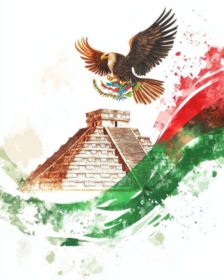 Flat Illustration Design: Chichen Itza Pyramid (Watercolor) Stock ...