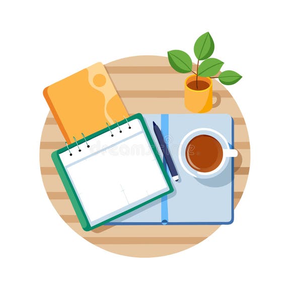 Flat Illustration of Desktop Workspace with Coffee and Stationery for ...