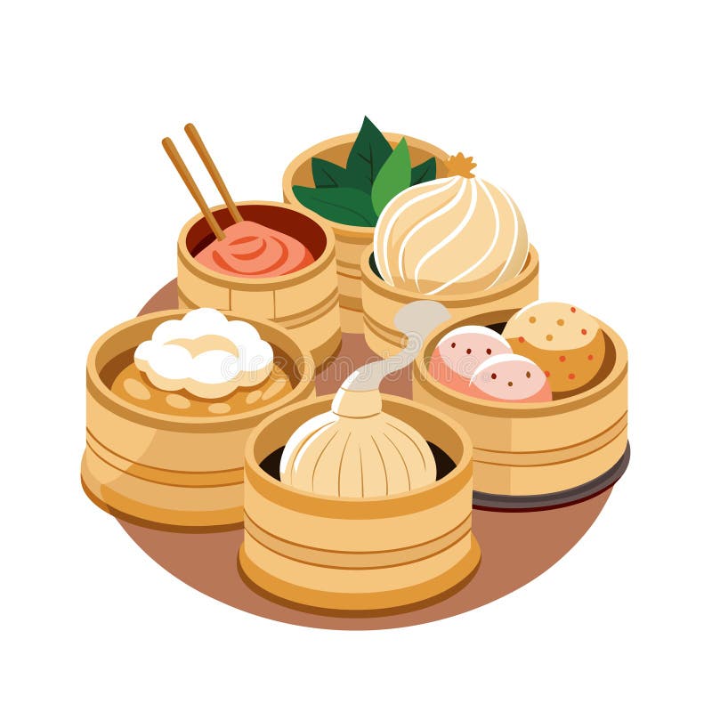 Assorted Dim Sum in Bamboo Steamers on a Round Platter, Flat ...