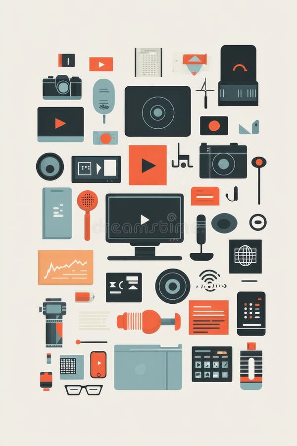 Flat Illustration of Digital Media Icons Including Camera, Microphone ...