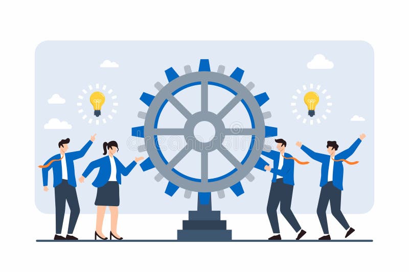 Flat Illustration of Employees Steering Giant Cogwheel, Symbolizing ...