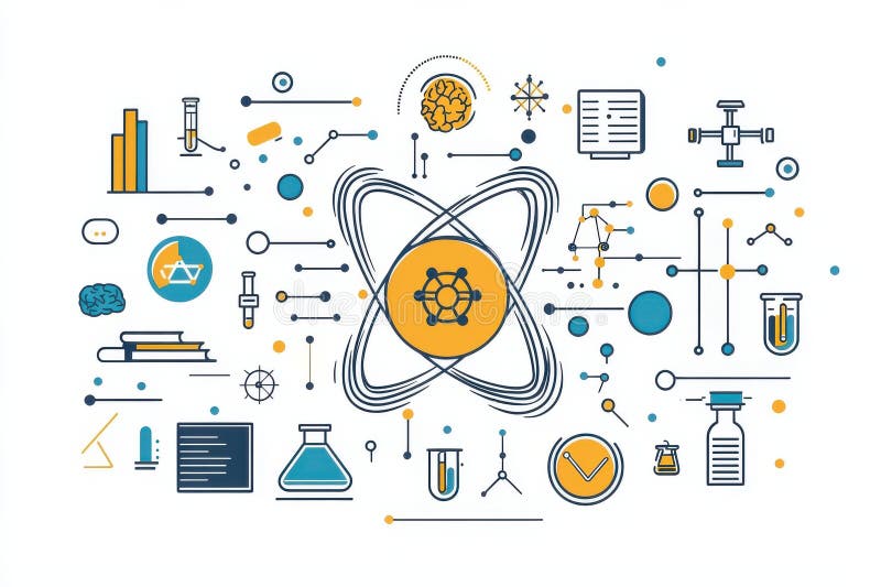 Flat Illustration of an Atom with Scientific Elements in Colorful ...