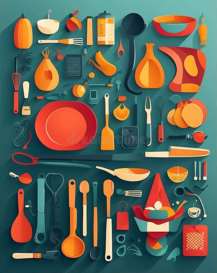 Flat Vector Illustration of Kitchen Utensils and Abstract Food Elements ...