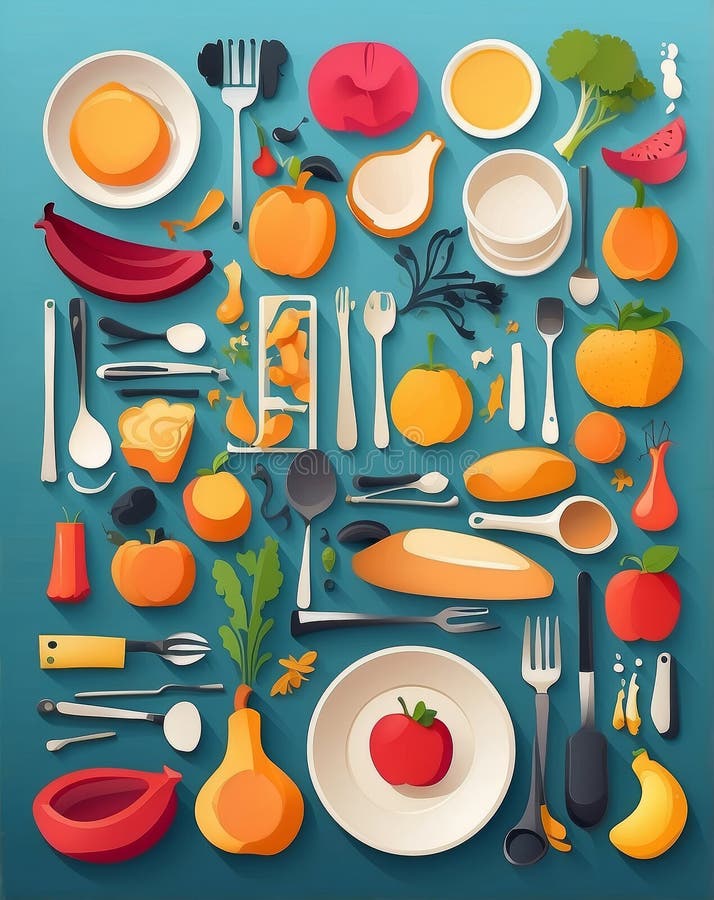 Flat Vector Illustration of Kitchen Utensils and Abstract Food Elements ...