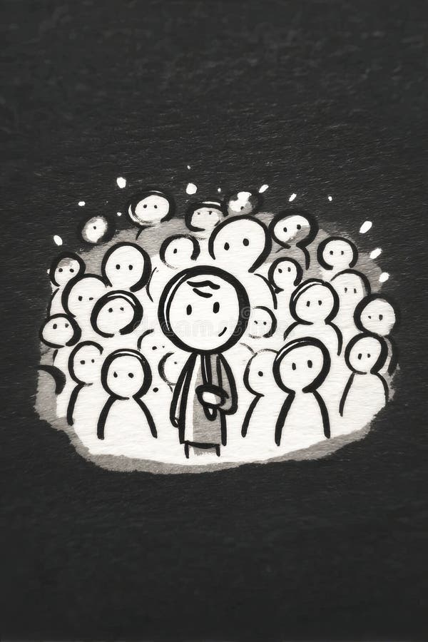 Flat Illustration, Figure Under Pressure of Crowd, Seeking Confidence ...