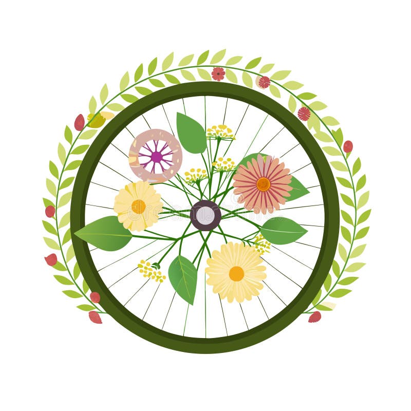Floral Bicycle Wheel Illustration with Pastel Flowers and Leaves, Set ...