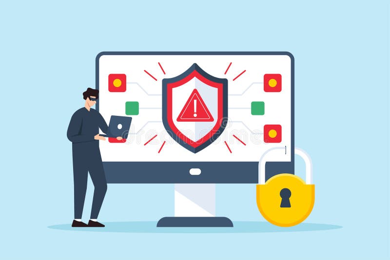 Flat Illustration of Hacker Attempting Breach while Security System Blocks Access with Red Alert ...