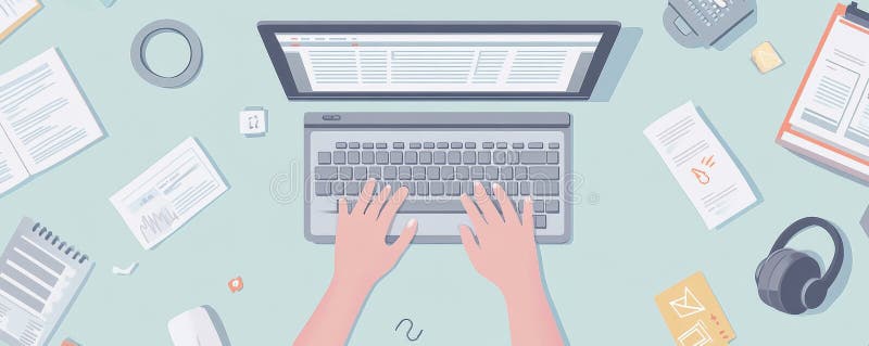 Flat Illustration of Hands Typing on a Laptop Keyboard Surrounded by ...