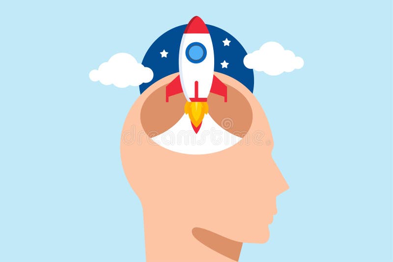 Flat Illustration of Human Head Opens with Rocket Launching Symbolizing ...